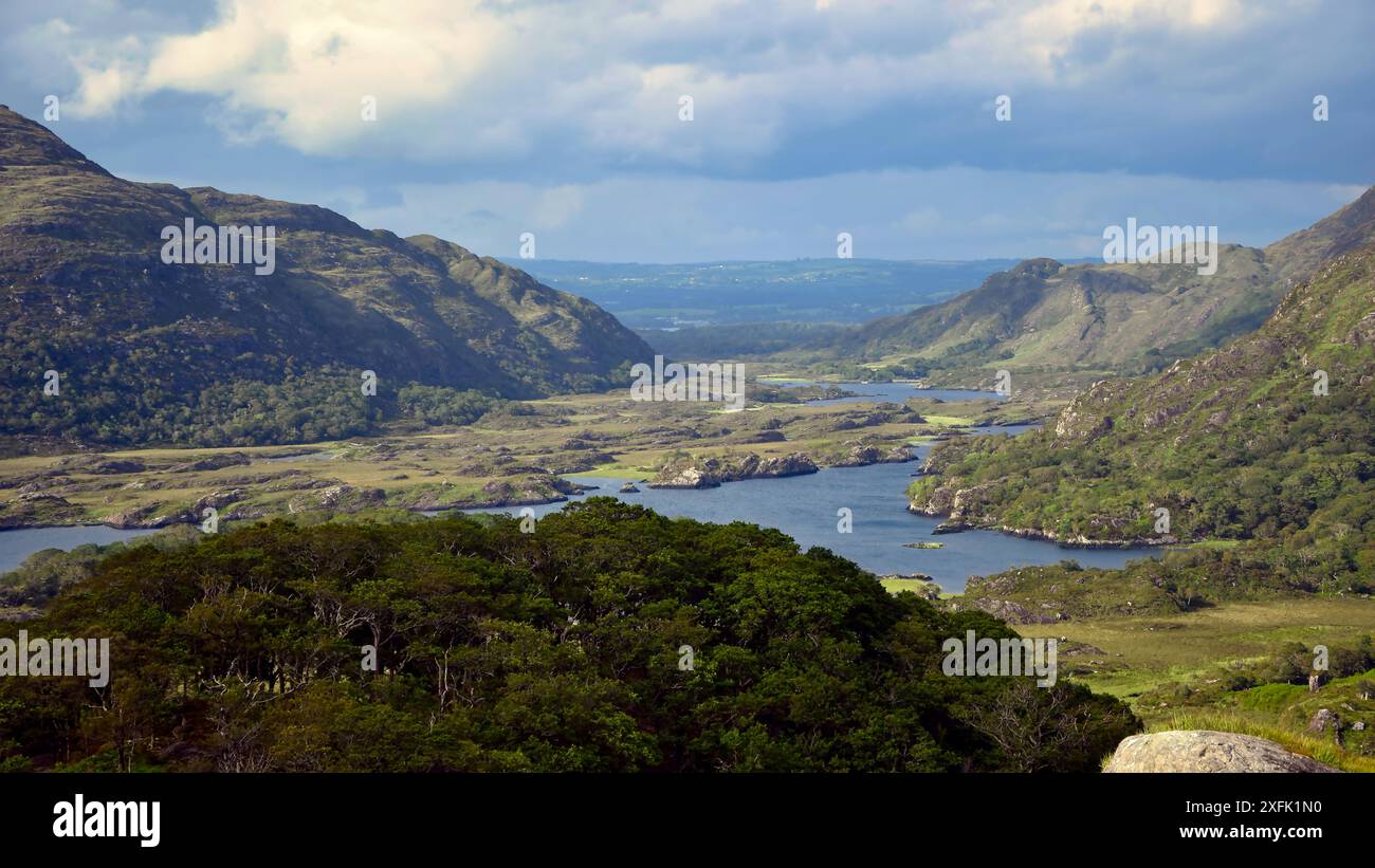Lush green valleys and winding rivers of Killarney National Park during ...