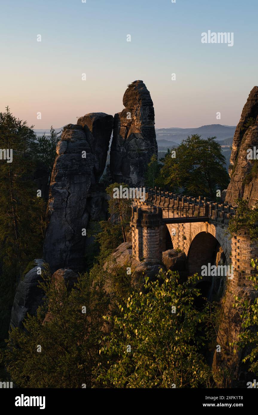 Sunrise view of the scenic rock formations with a historic bridge ...