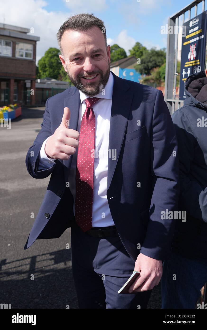 SDLP leader Colum Eastwood arrives to cast his vote in the 2024 General ...