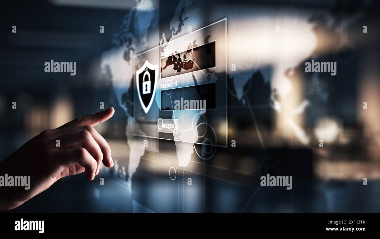 Access window with login and password on virtual screen. Cyber security ...