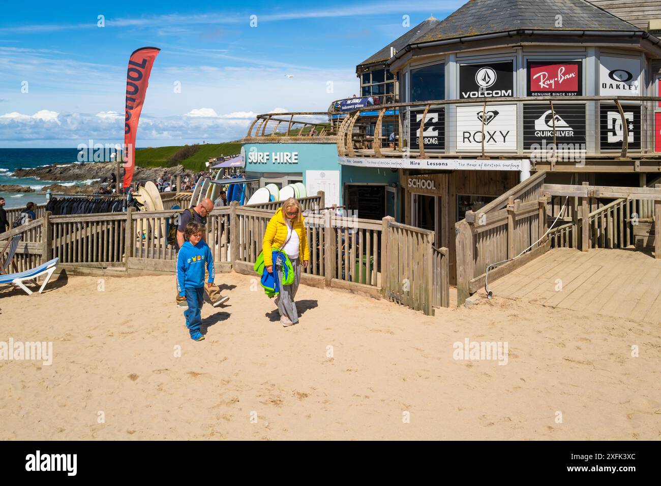 Surf hire and the beach bar at Fistral in Newquay in Cornwall in the UK ...