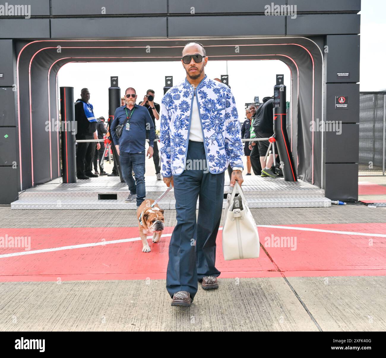 Towcester, UK, 04 July 2024. Lewis HAMILTON arrives at the Paddock with ...