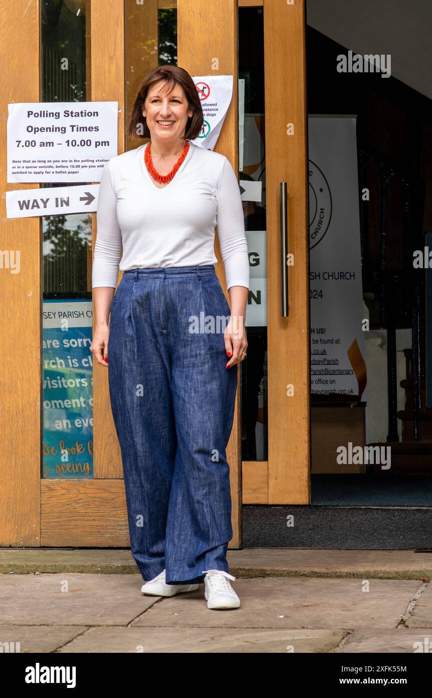 Pudsey, Leeds, UK. 4th July, 2024. Shadow chancellor Rachel Reeves ...