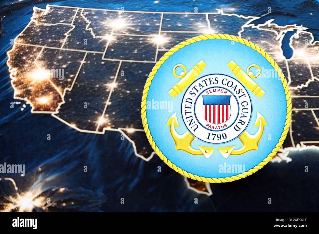 KYIV, UKRAINE - JUNE 26, 2024 United States Coast Guard coat of arms on ...