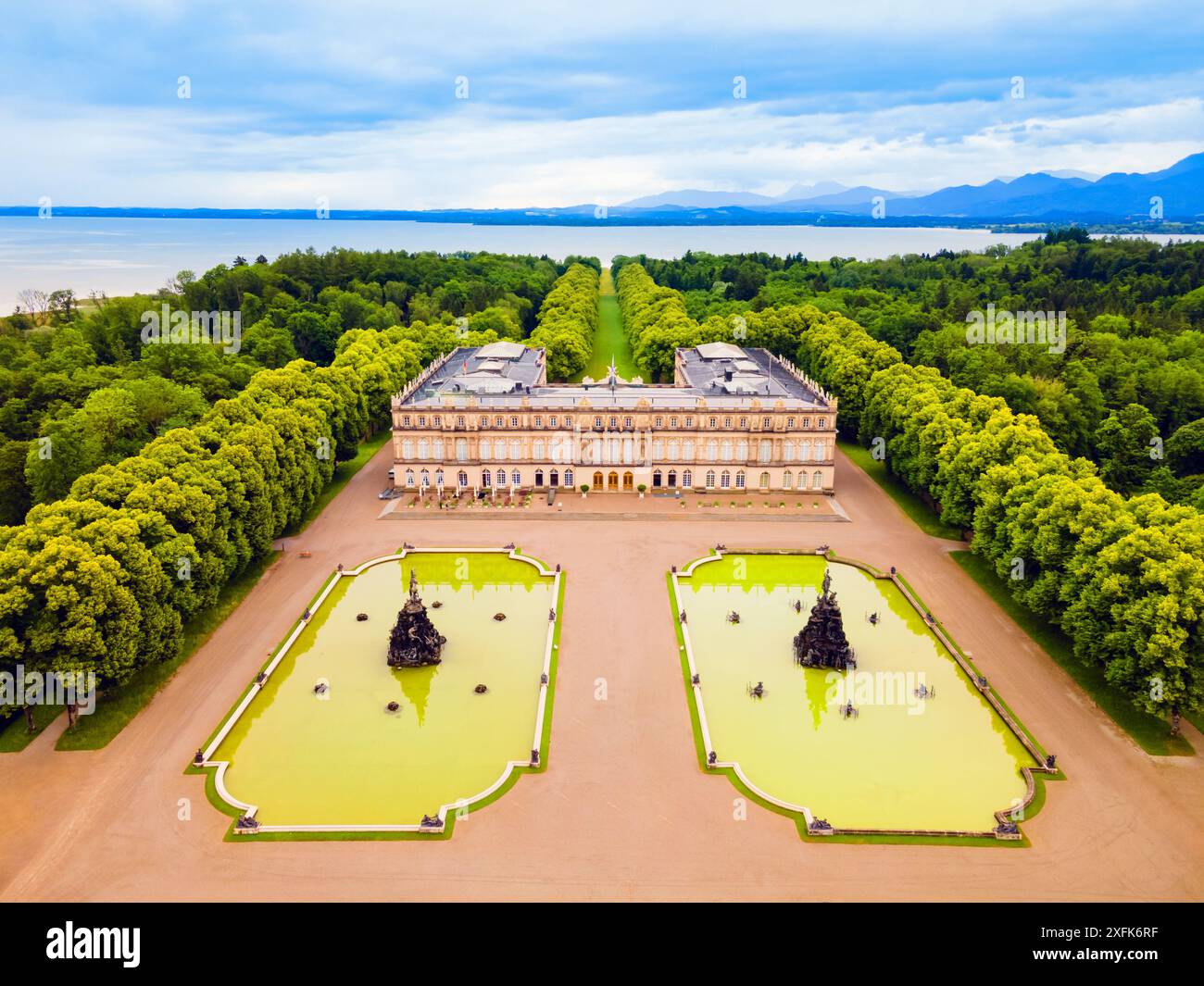 Herrenchiemsee Palace aerial panoramic view, it is a complex of royal ...