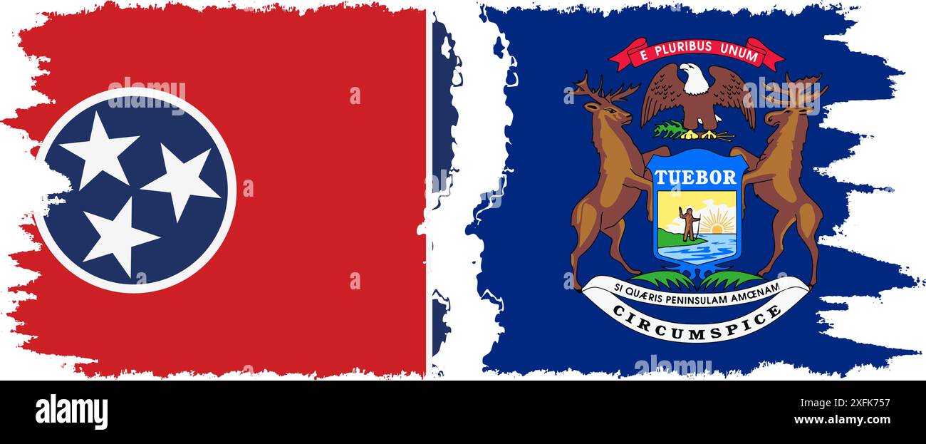 Michigan and Tennessee states grunge brush flags connection, vector ...