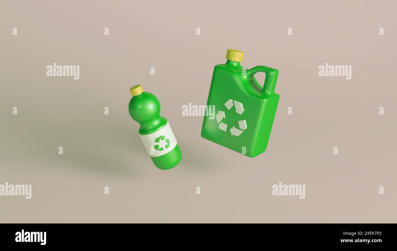 3D render of two green recycling bottles with yellow caps and recycling ...