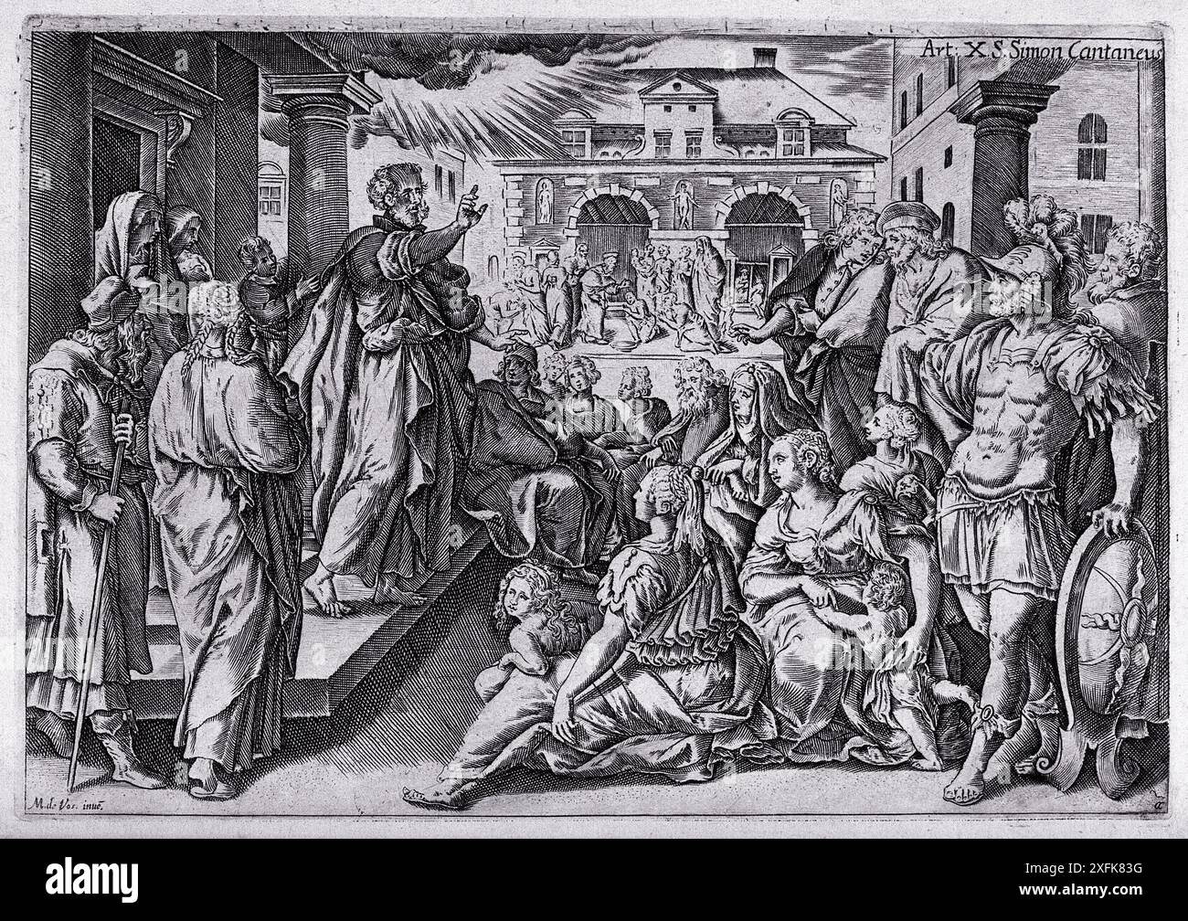 In a 16th-century engraving by Maarten de Vos, Saint Simon is seen ...