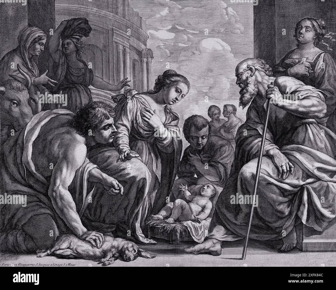 A detailed engraving depicts the Adoration of the Christ Child ...