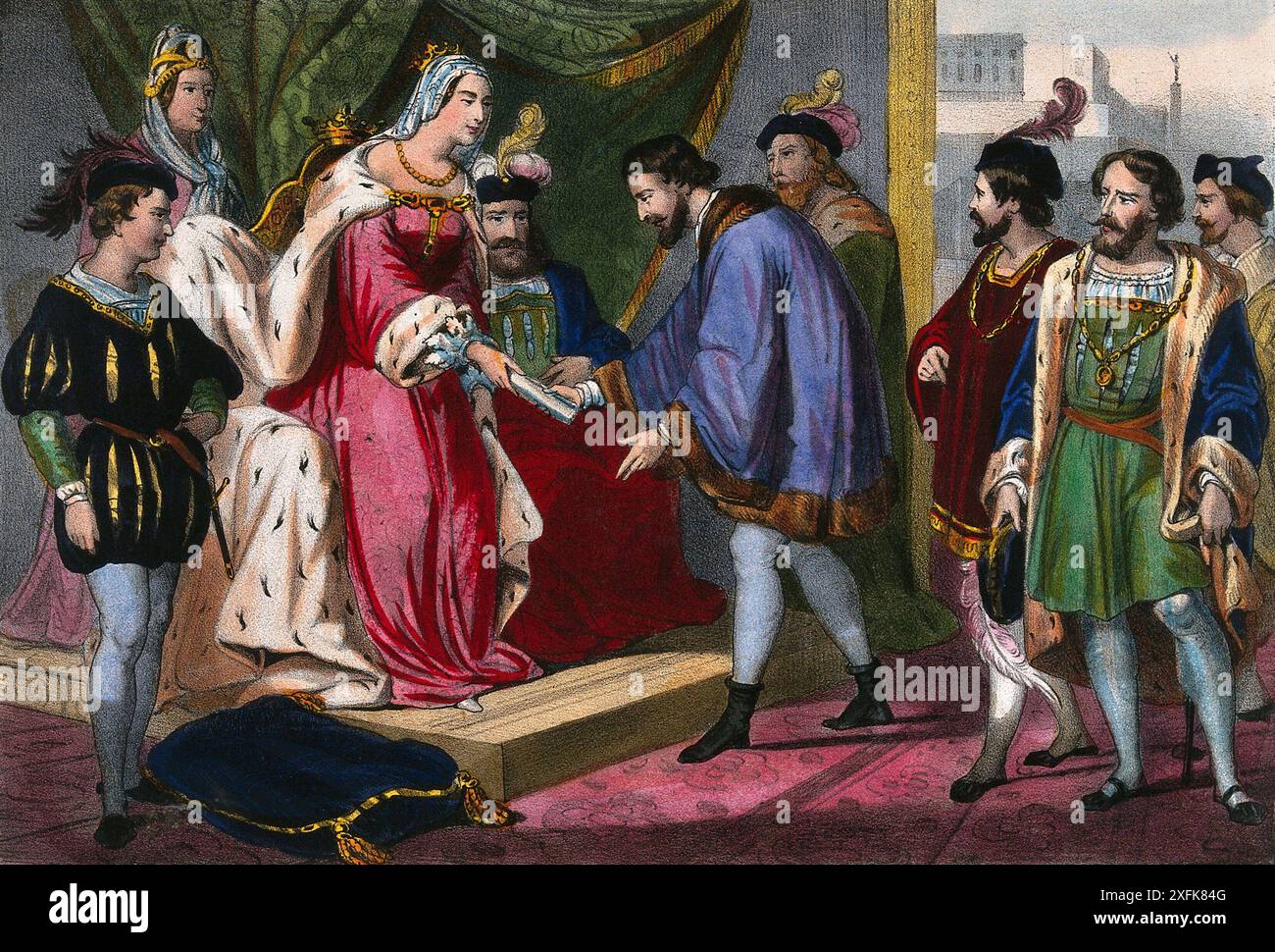 A lithograph depicting Queen Isabella of Spain, seated on a throne ...