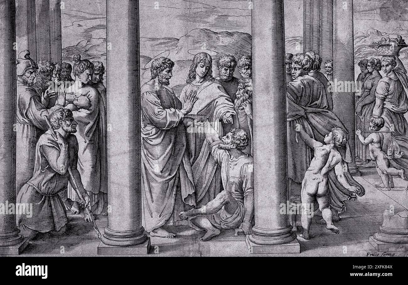 Saint Peter and Saint John stand beside a column, their hands ...