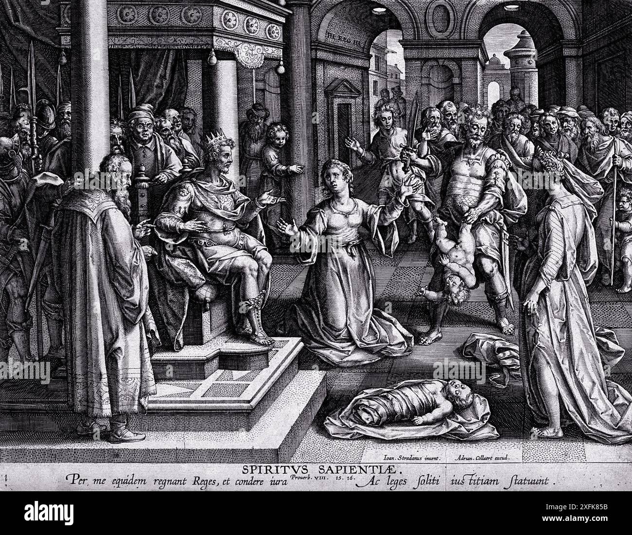 The engraving depicts King Solomon of Israel judging a dispute between ...