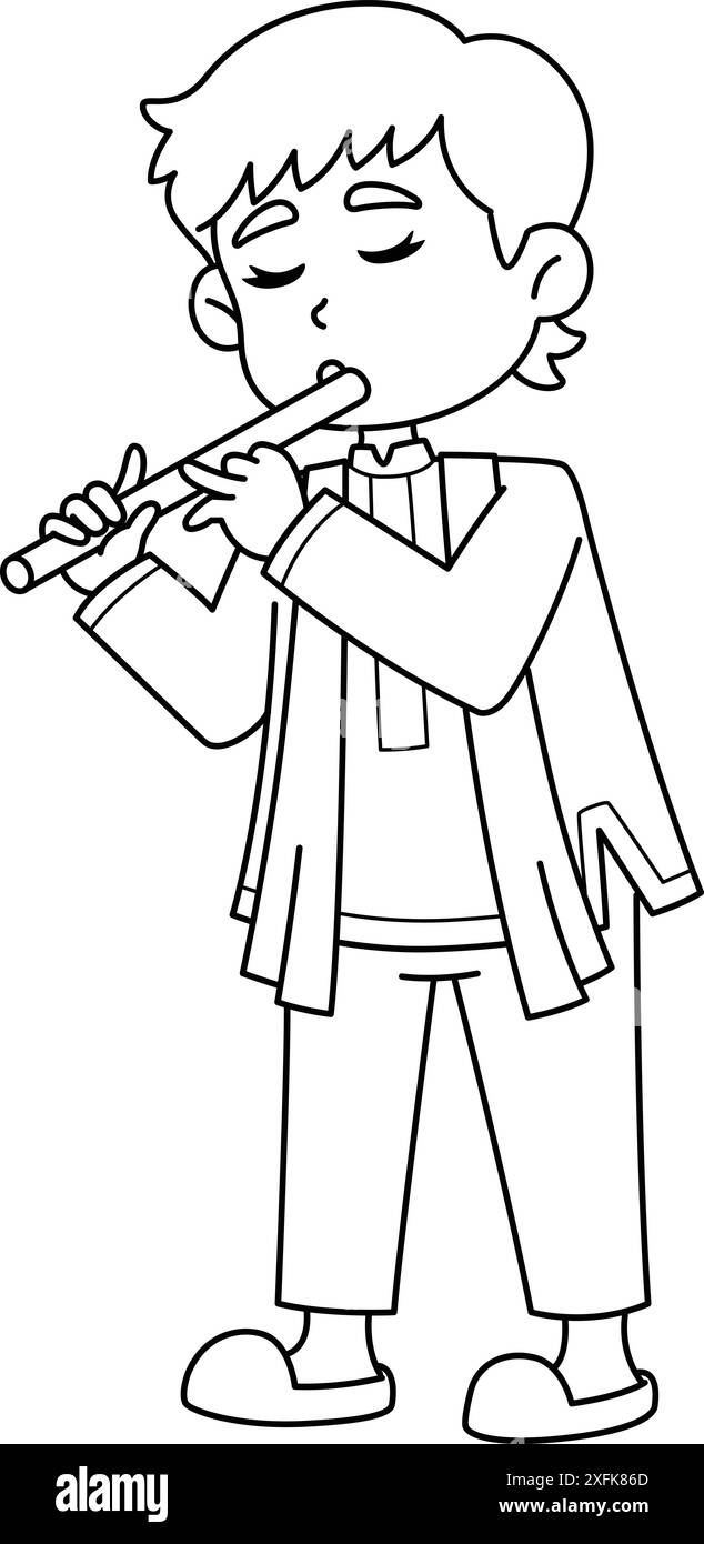 Diwali Child Playing Flute Isolated Coloring Page Stock Vector Image ...