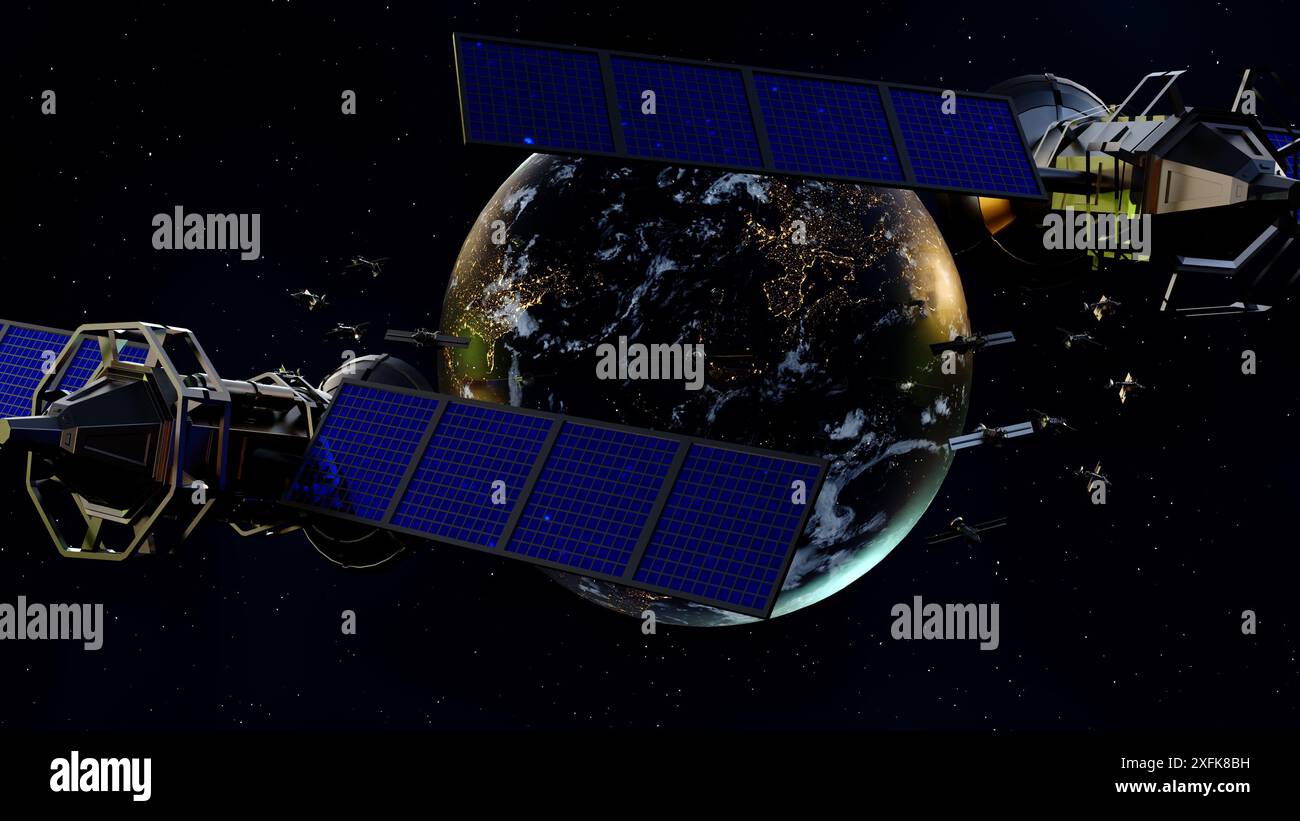 A 3D model of a blue satellite in orbit around the Earth. The satellite ...