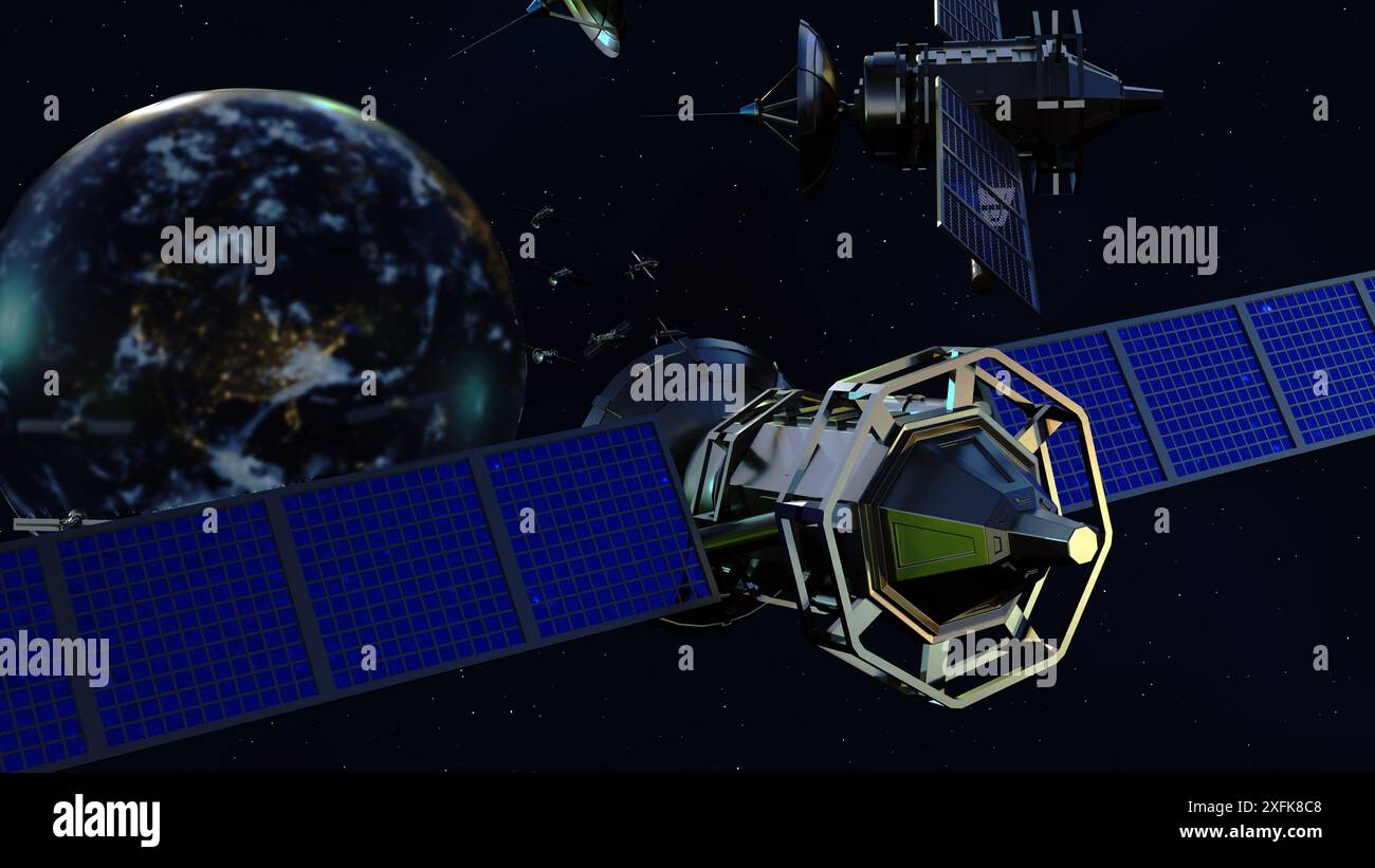 A 3D model of a blue satellite in orbit around the Earth. The satellite ...