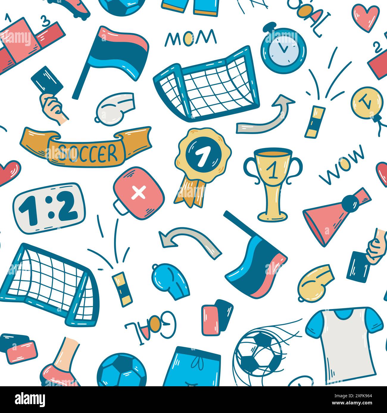 Hand drawn football seamless pattern. Symbols and attributes of soccer ...