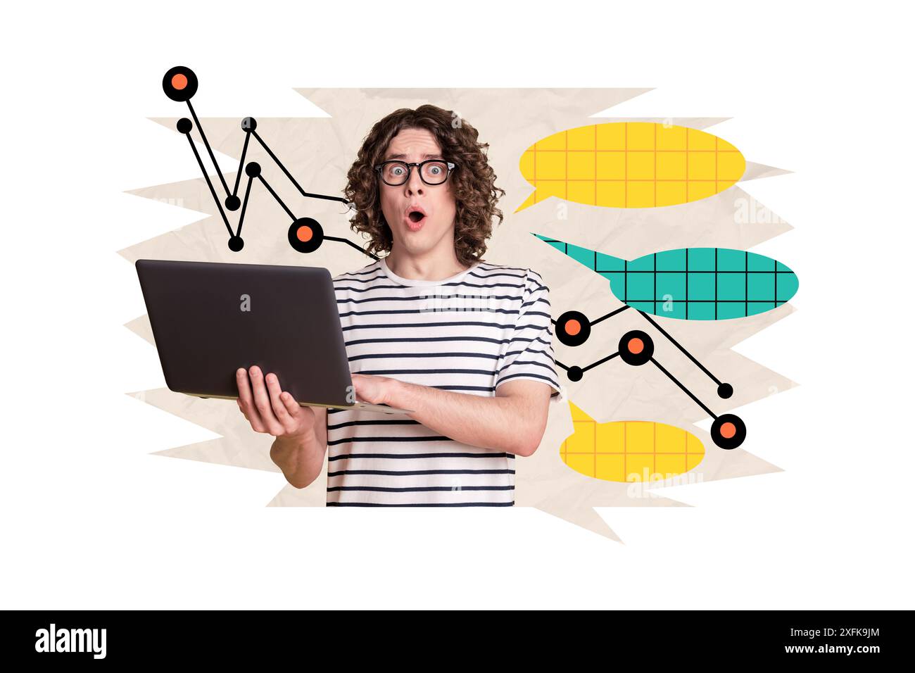 Artwork 3d photo collage of surprised shocked geek hold modern gadget ...