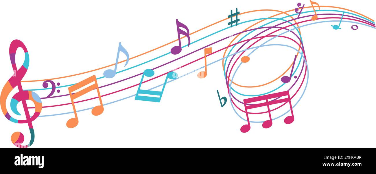 Color music sheet with a music notes symbols, flat design vector ...