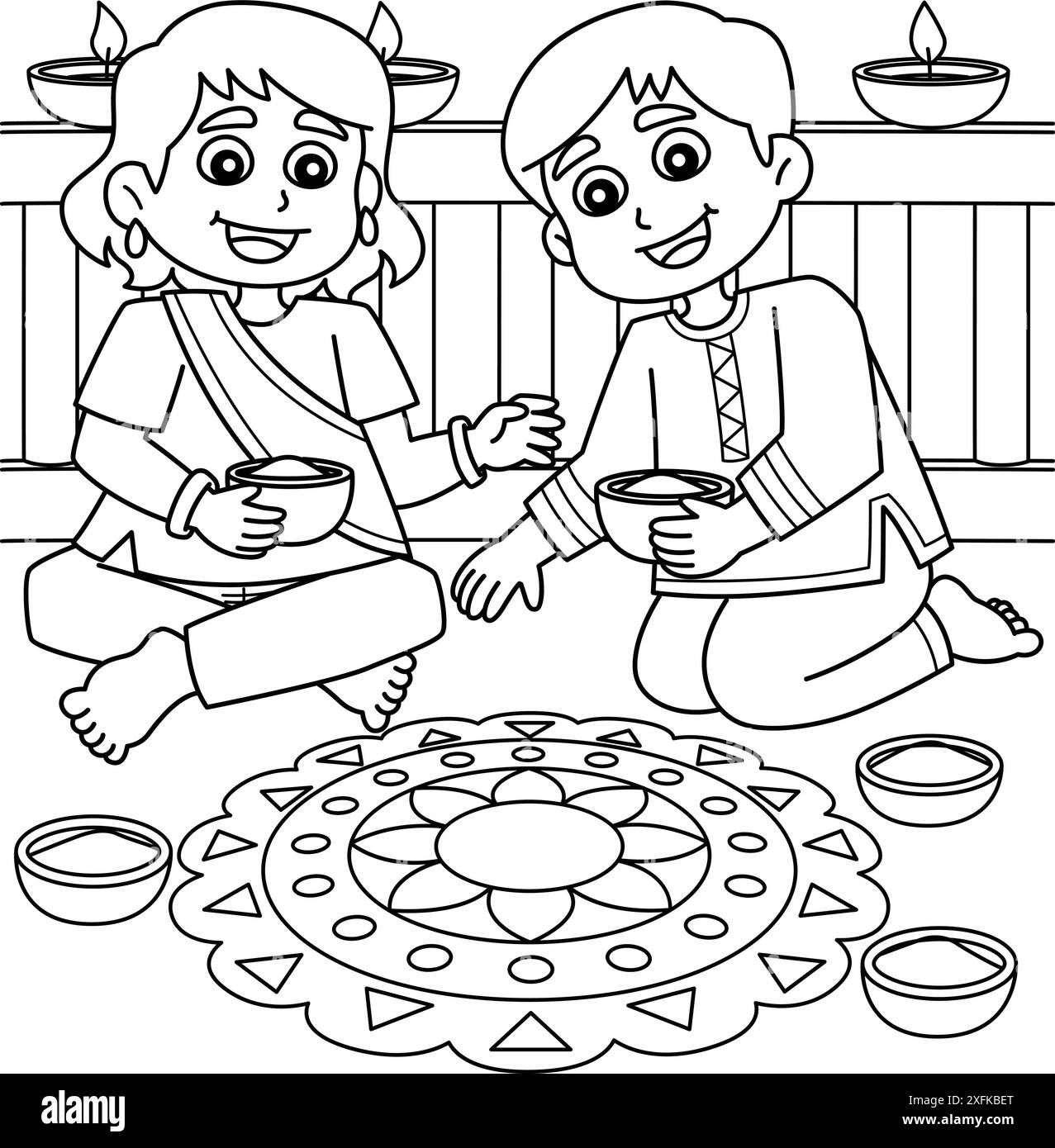 Diwali Festival Kids Making a Rangoli Coloring Stock Vector Image & Art ...