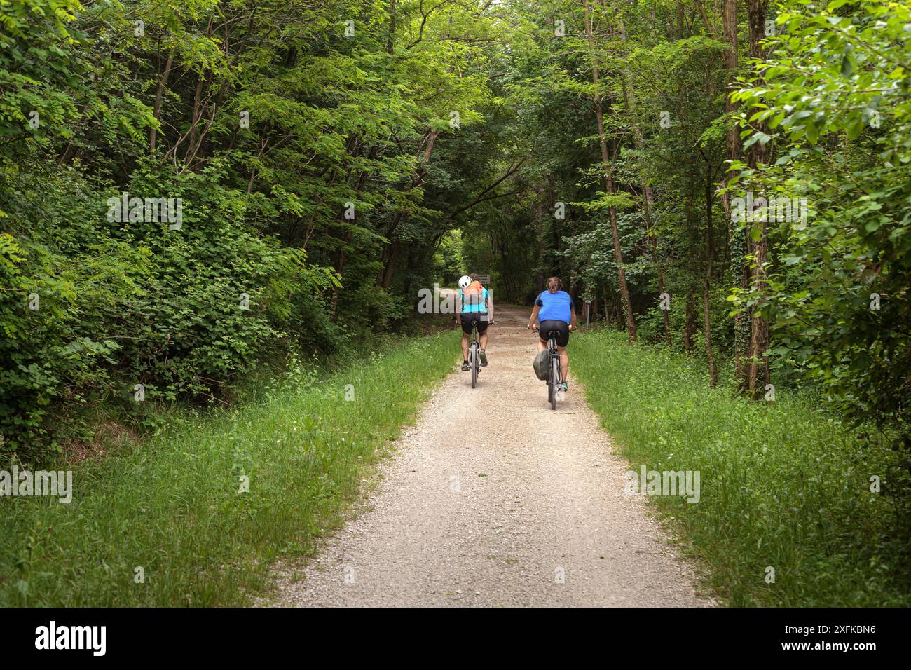 Back view of two cyclists, male and female during training at beautiful ...