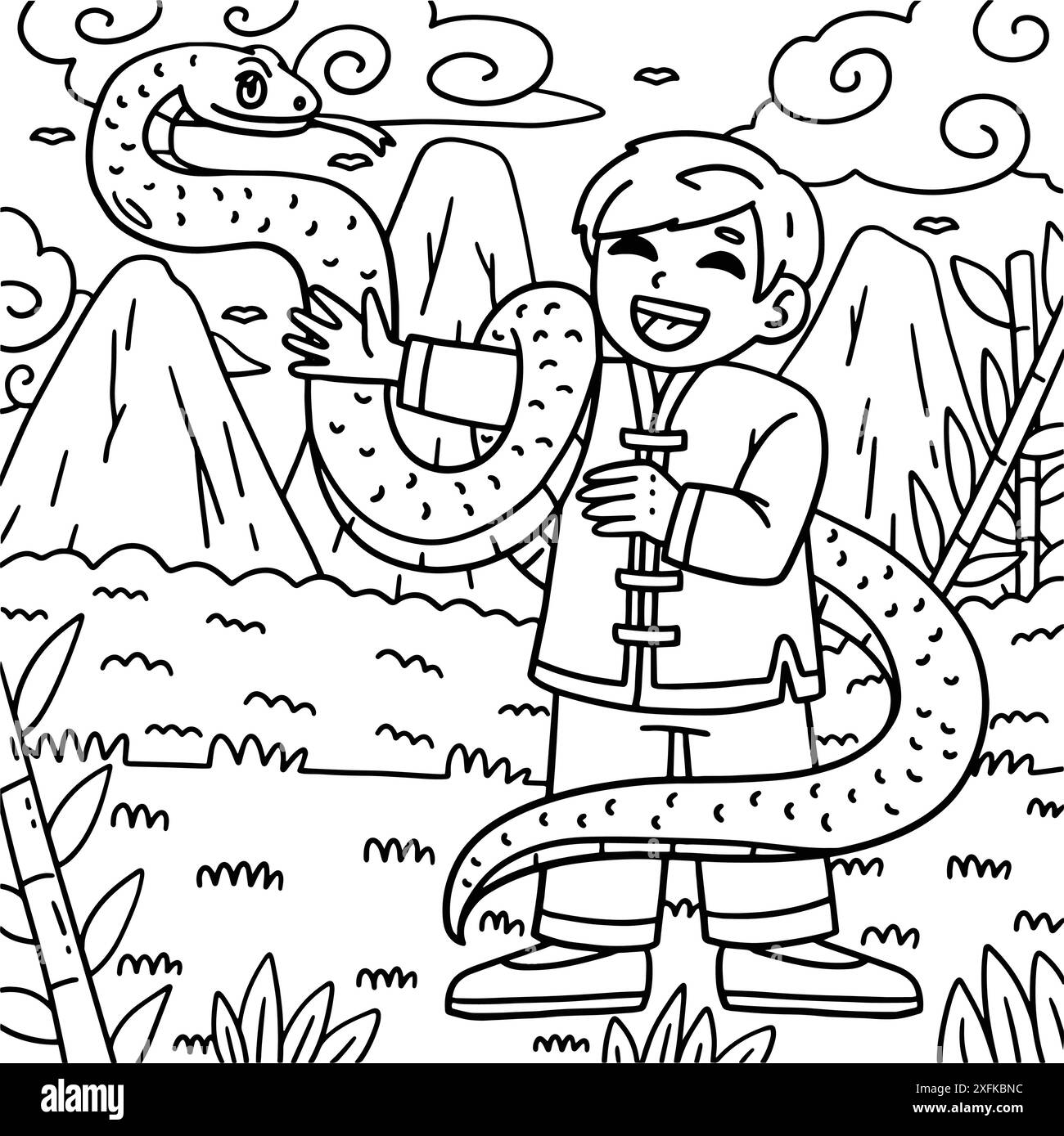 Year of the Snake Child and Snake Coloring Page Stock Vector Image ...
