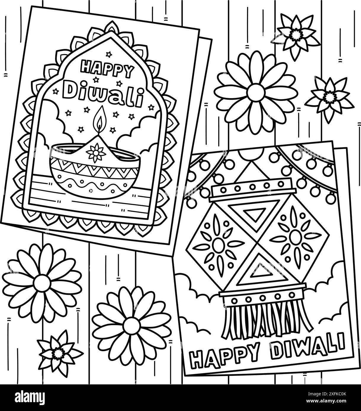 Diwali Greeting Cards Coloring Page for Kids Stock Vector Image & Art ...