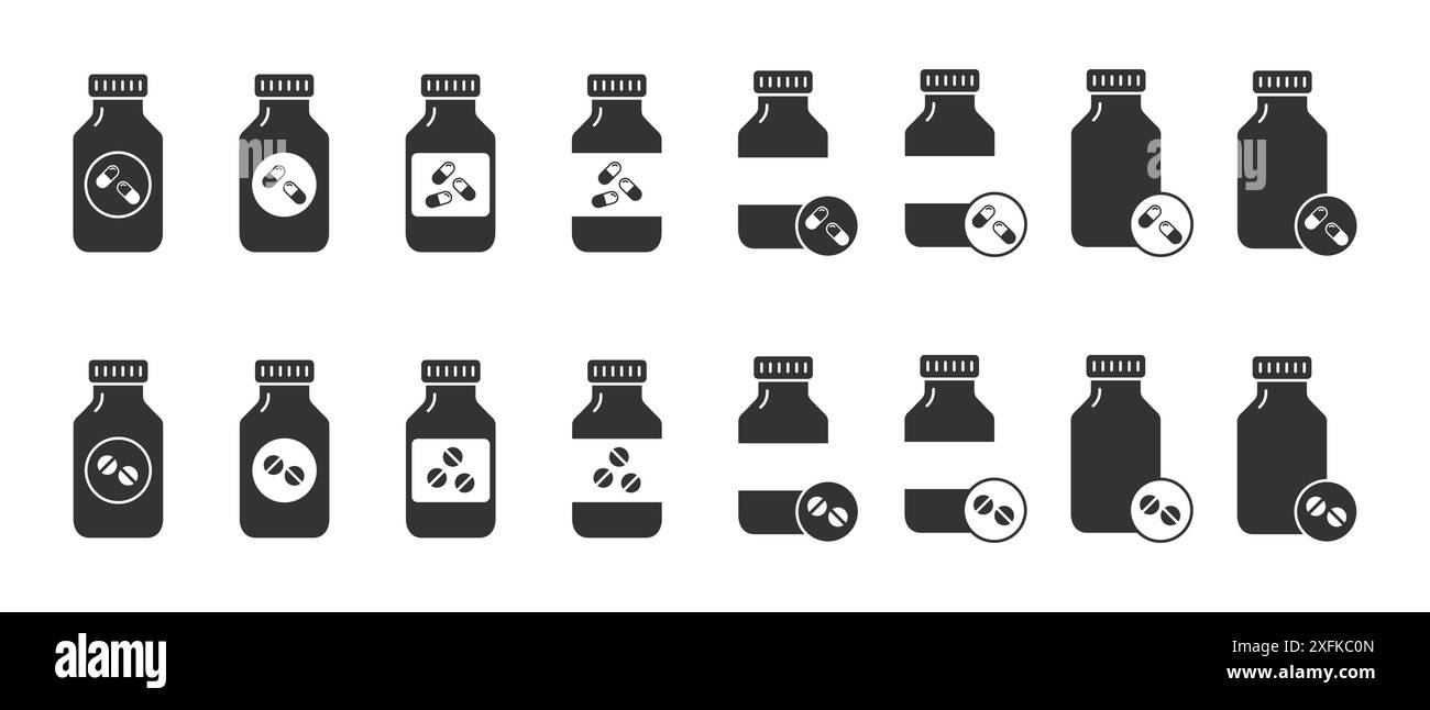 Pill bottle icon set. Medicine icon. Capsule and tablet symbols. Flat ...