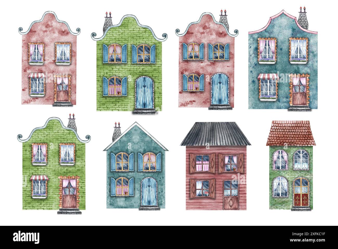 A set with European vintage houses. Cute brick two-storey houses in ...