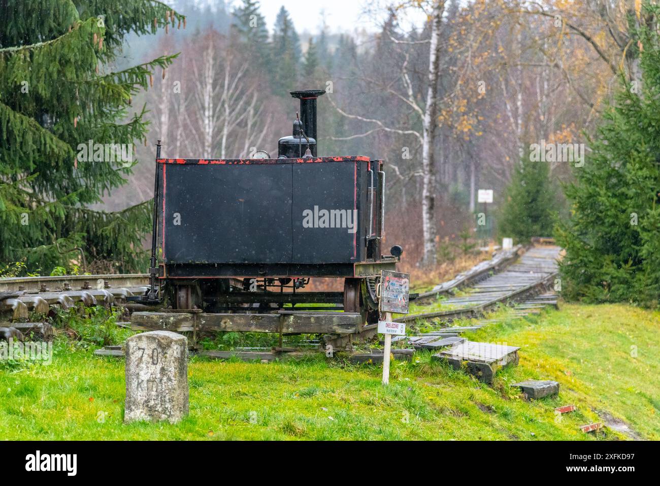 A black locomotive sits on the Sumava Southern Railway tracks, the ...