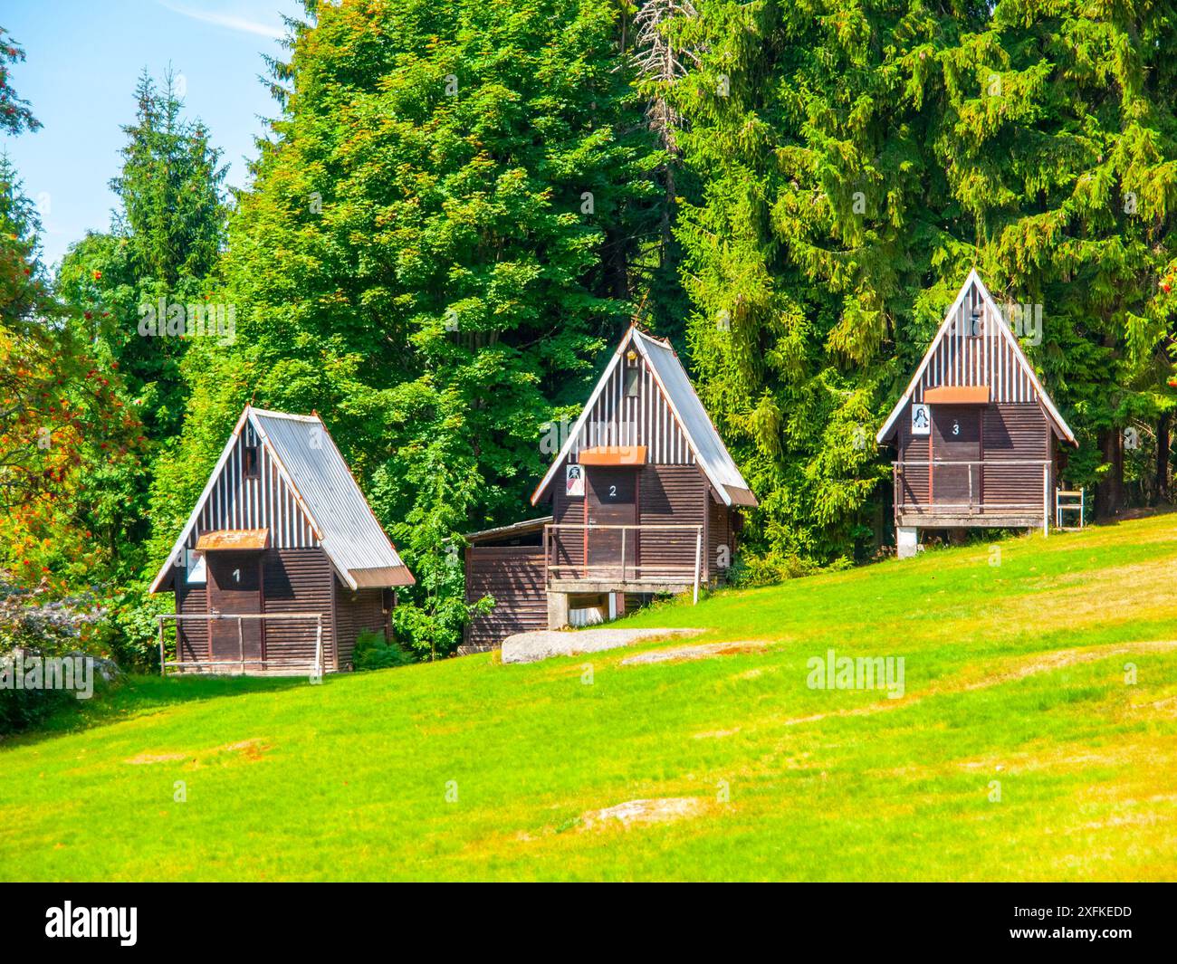Three wooden cabins nestled amongst lush green trees on a grassy ...