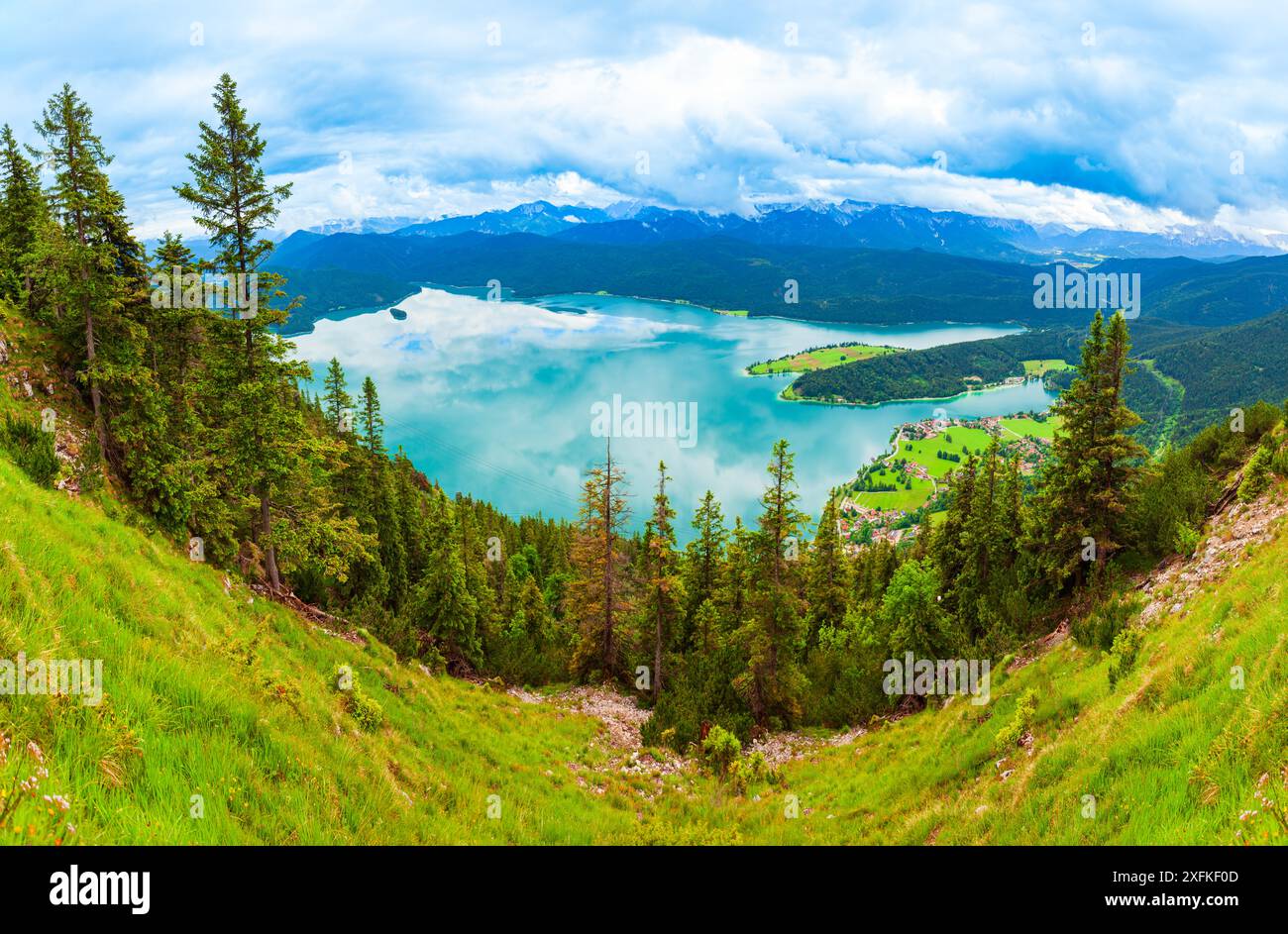 Walchensee aerial panoramic view from Herzogstand viewpoint. Walchensee ...