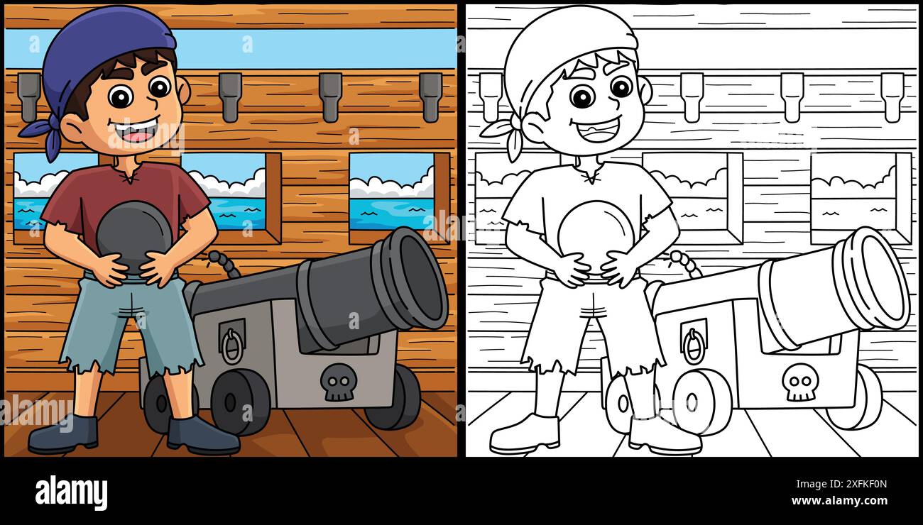 Pirate with Canon Coloring Page Illustration Stock Vector Image & Art ...