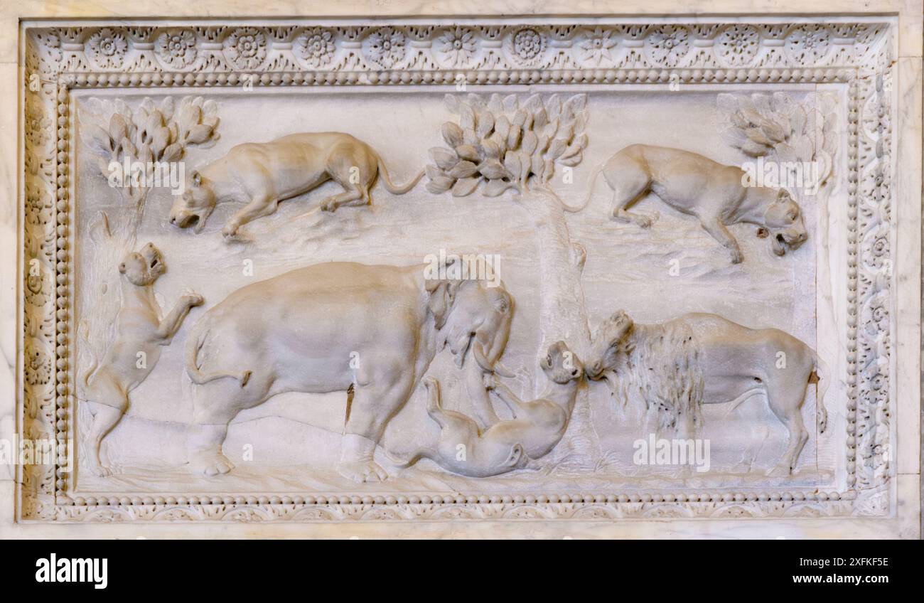 Ancient Roman relief with African animals - an elephant, lions and a ...