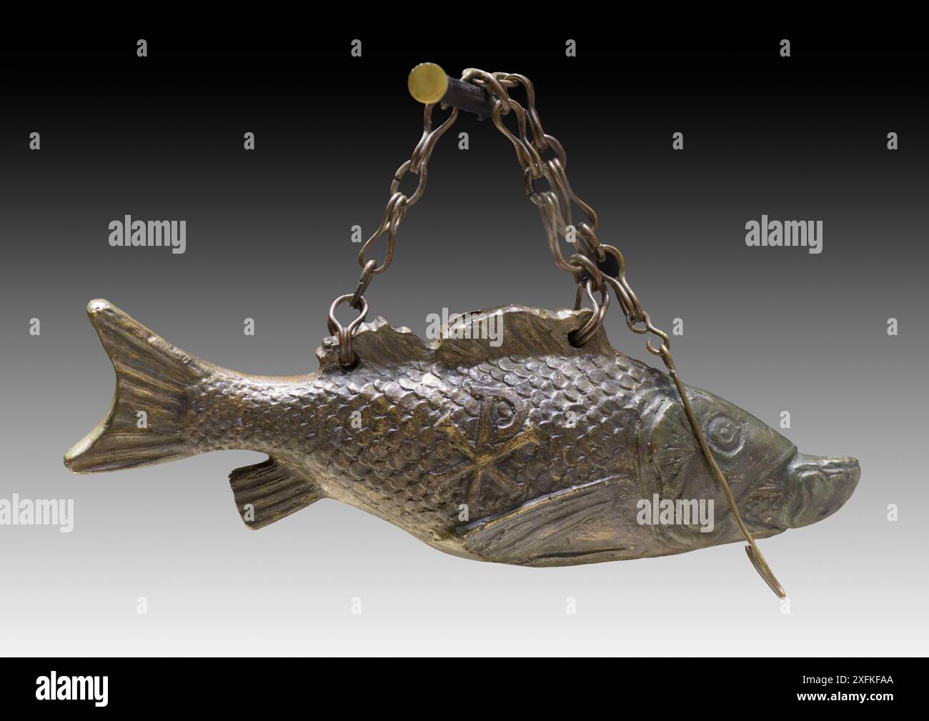 Ancient roman early Christian bronze oil lamp in the shape of fish ...