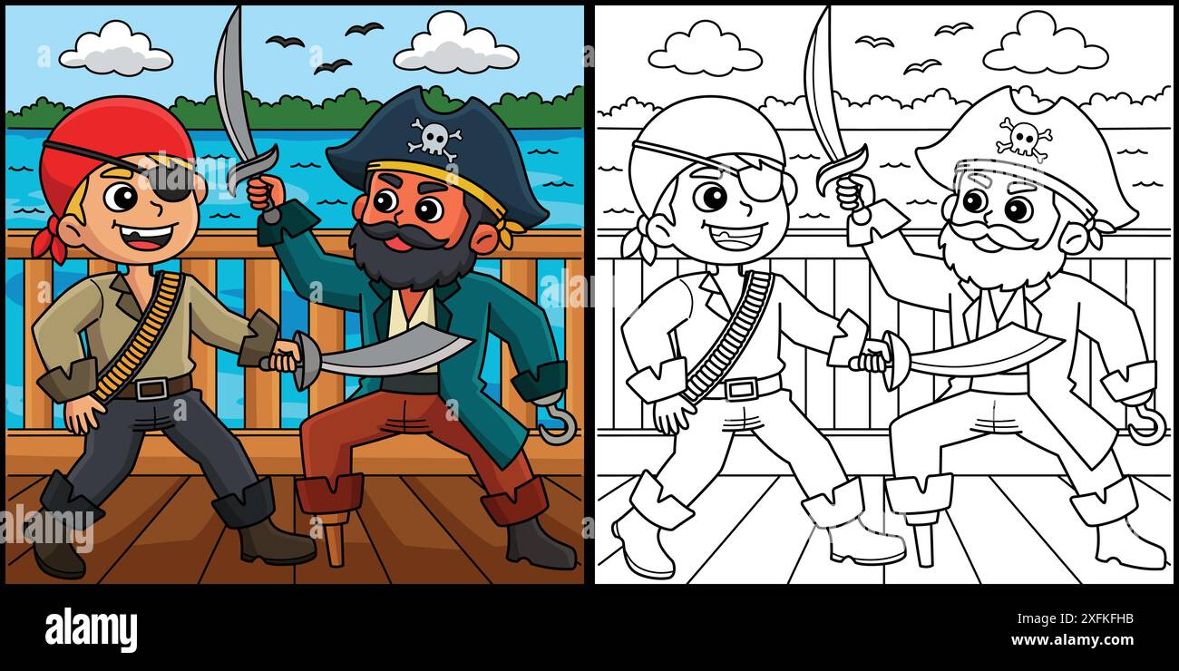Pirate Fighting Coloring Page Colored Illustration Stock Vector Image ...