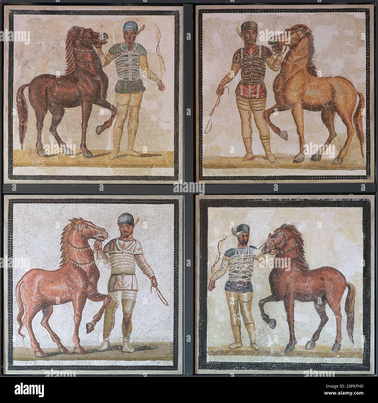Mosaic depicting a charioteer and horse from each of the four factions (Red, White, Blue, and ...