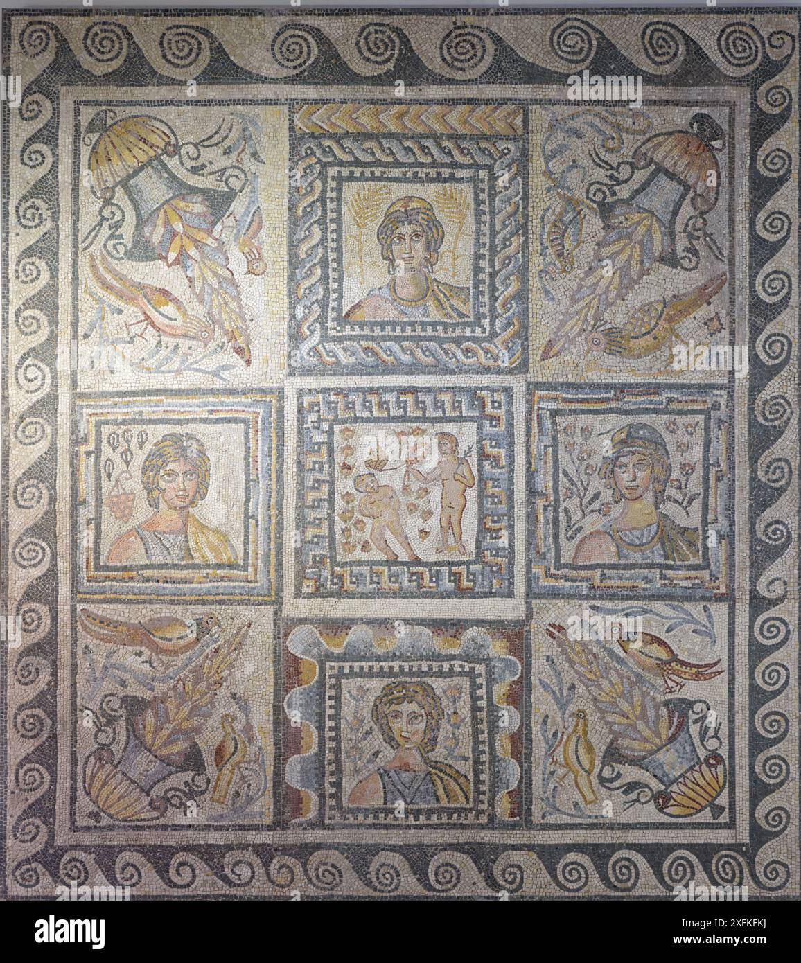 Square floor mosaic depicting the four seasons. Opus vermiculatum, a ...