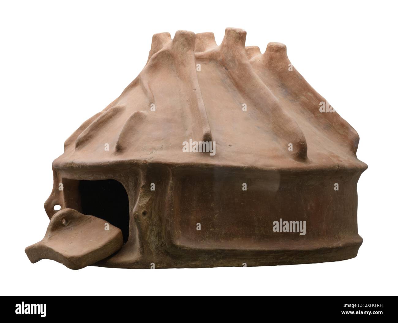 Funerary urn in the shape of hut, decorated with bas-relief, artifact ...