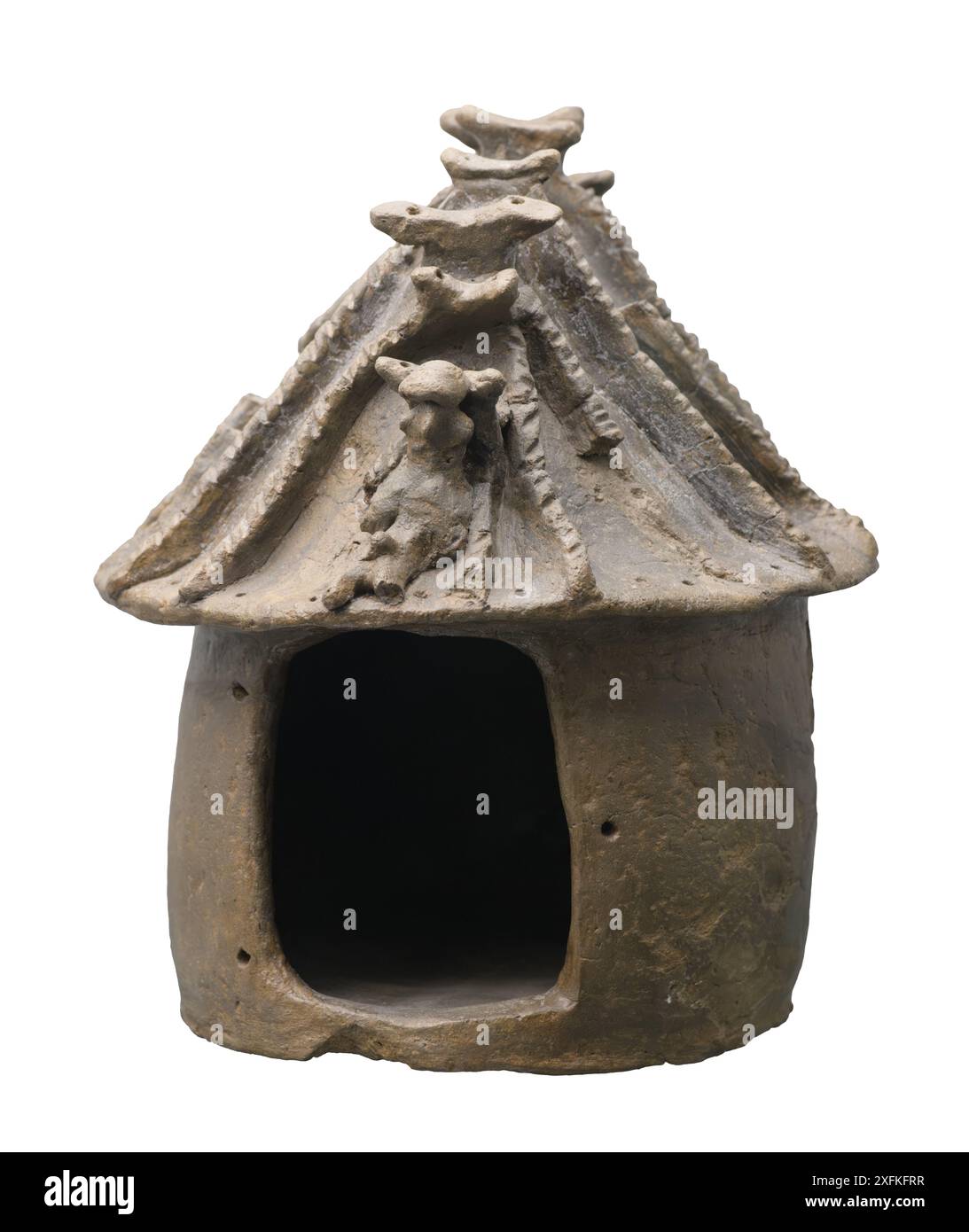 Funerary urn in the shape of hut, decorated with bas-relief, artifact ...