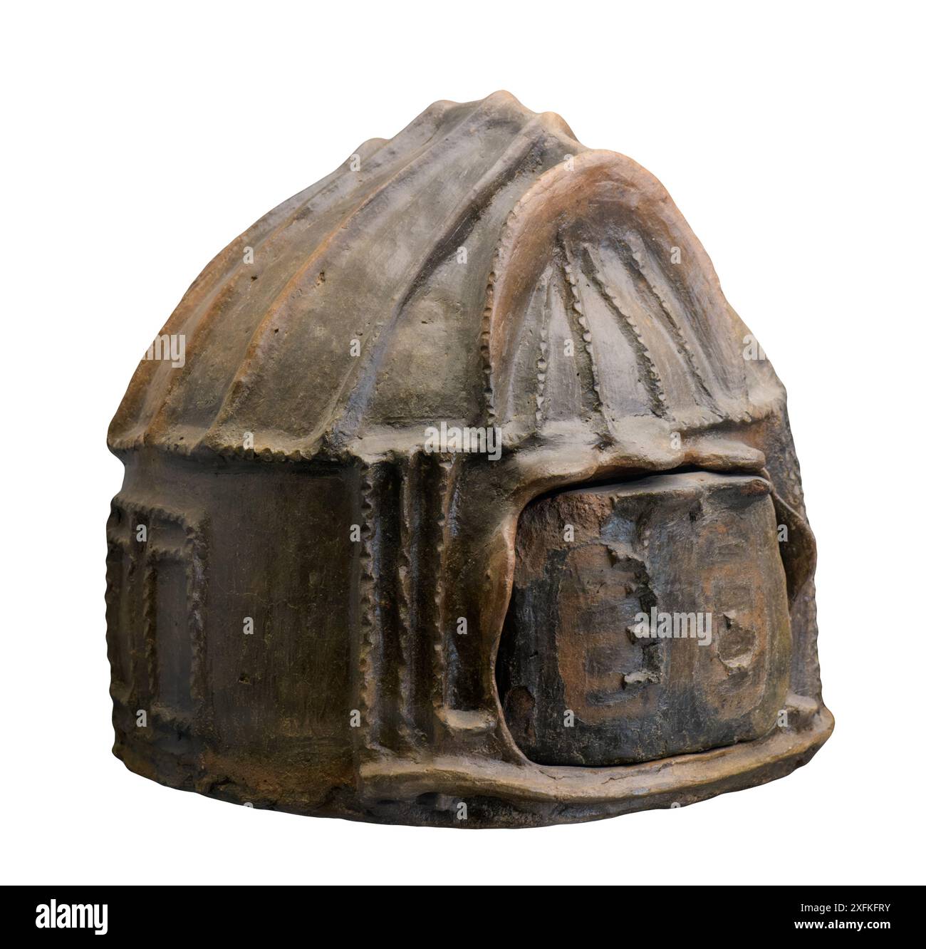 Funerary urn in the shape of primitive Roman hut, decorated with bas ...