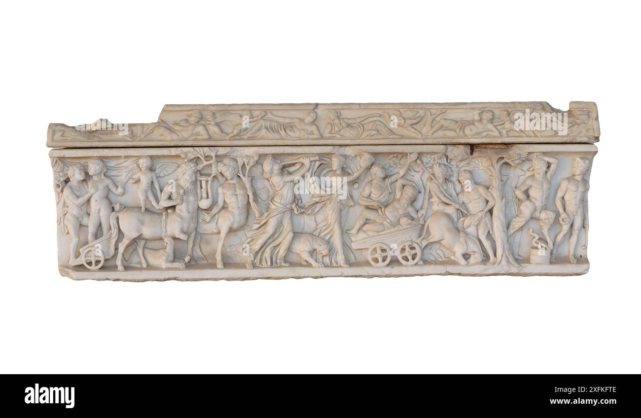 Roman sarcophagus showing a Dionysiac procession. 160-170 AD. Baths of ...