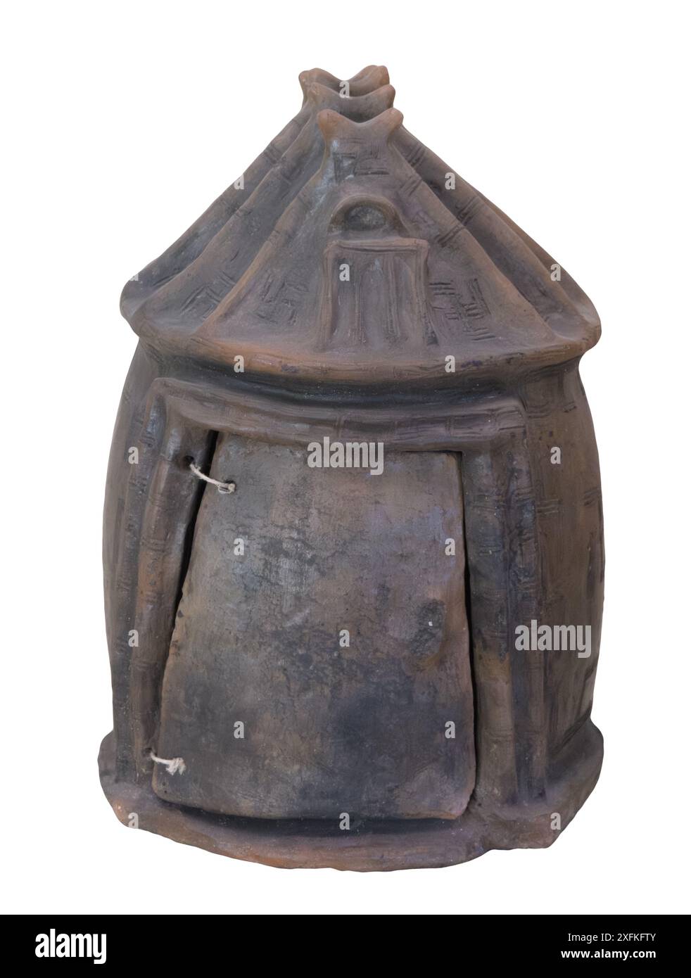 Funerary urn in the shape of hut, decorated with bas-relief, artifact ...