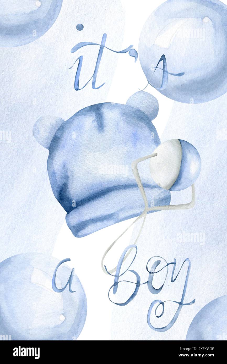 Watercolor baby boy poster with blue cap ,rattle and bubbles card ...