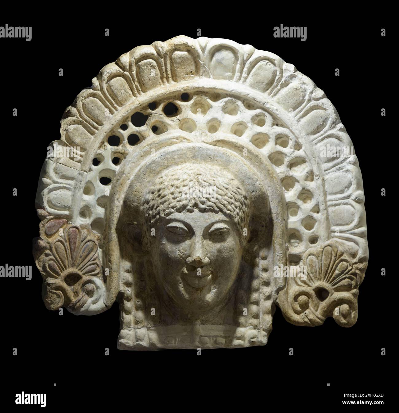 Polychrome Etruscan antefix with female head with nimbus, late-Archic ...