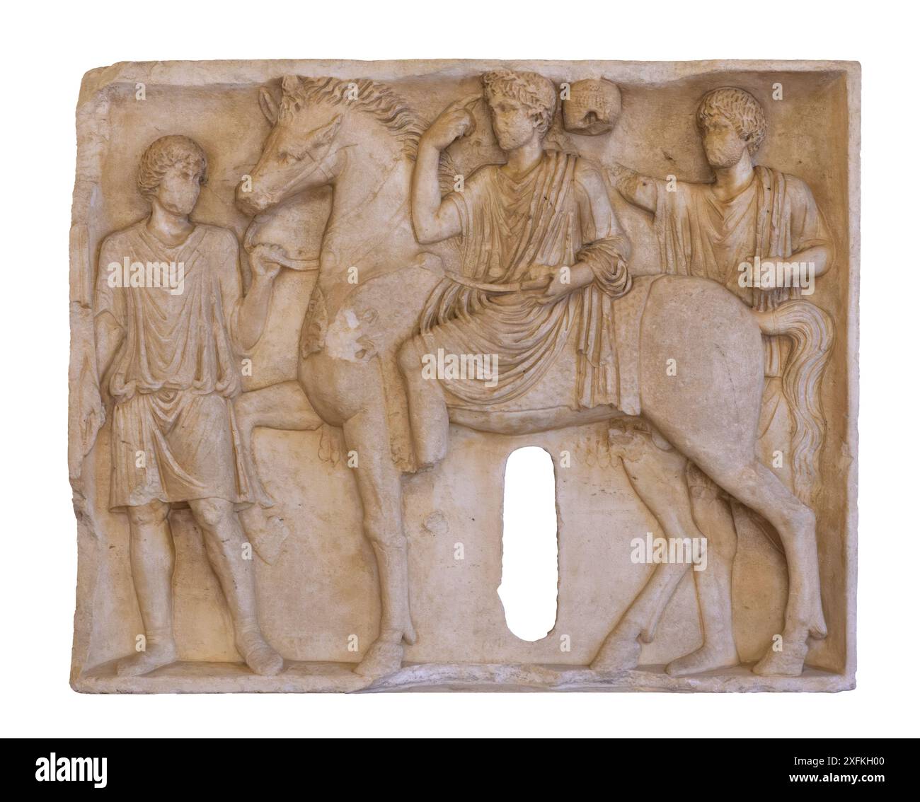 Funerary relief depicting the deceased riding a horse and pointing to ...