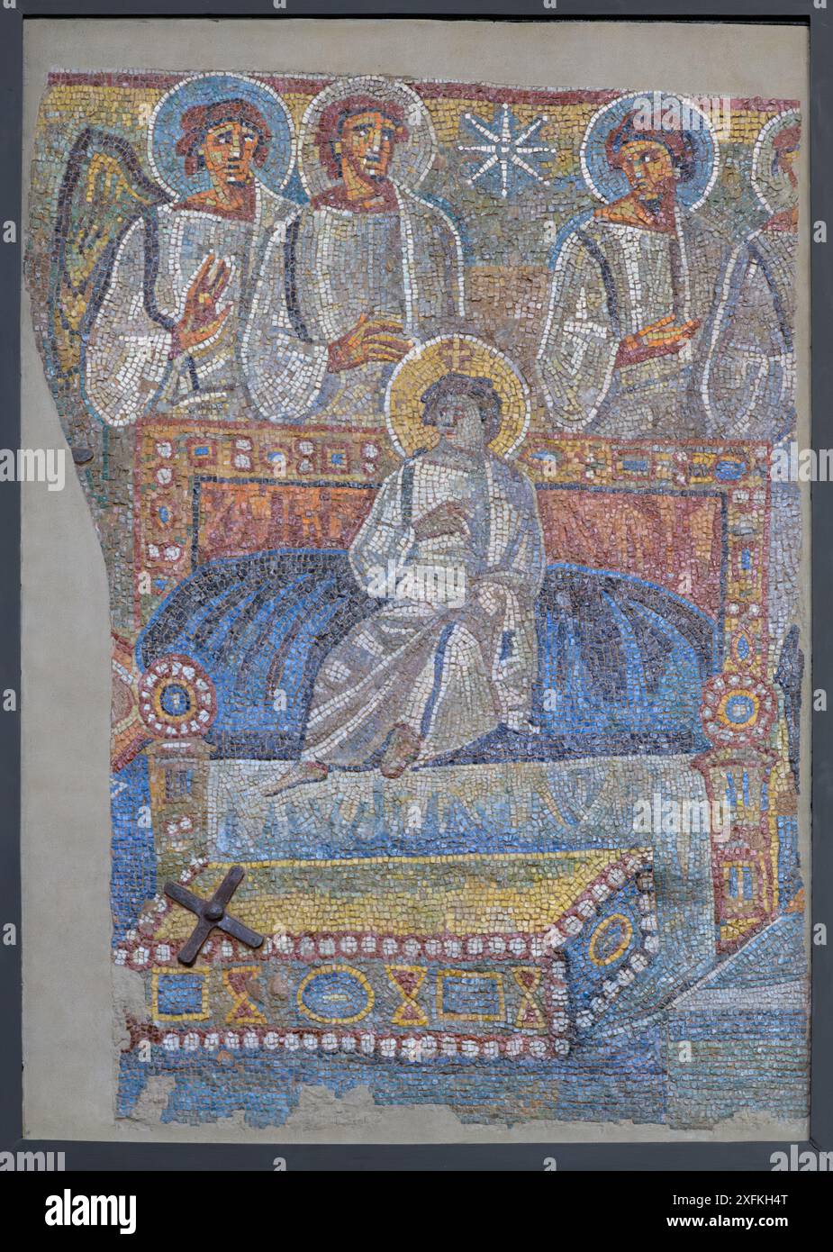 Mosaic of Adoration of the Magi, detail of Christ surrounded by angels ...