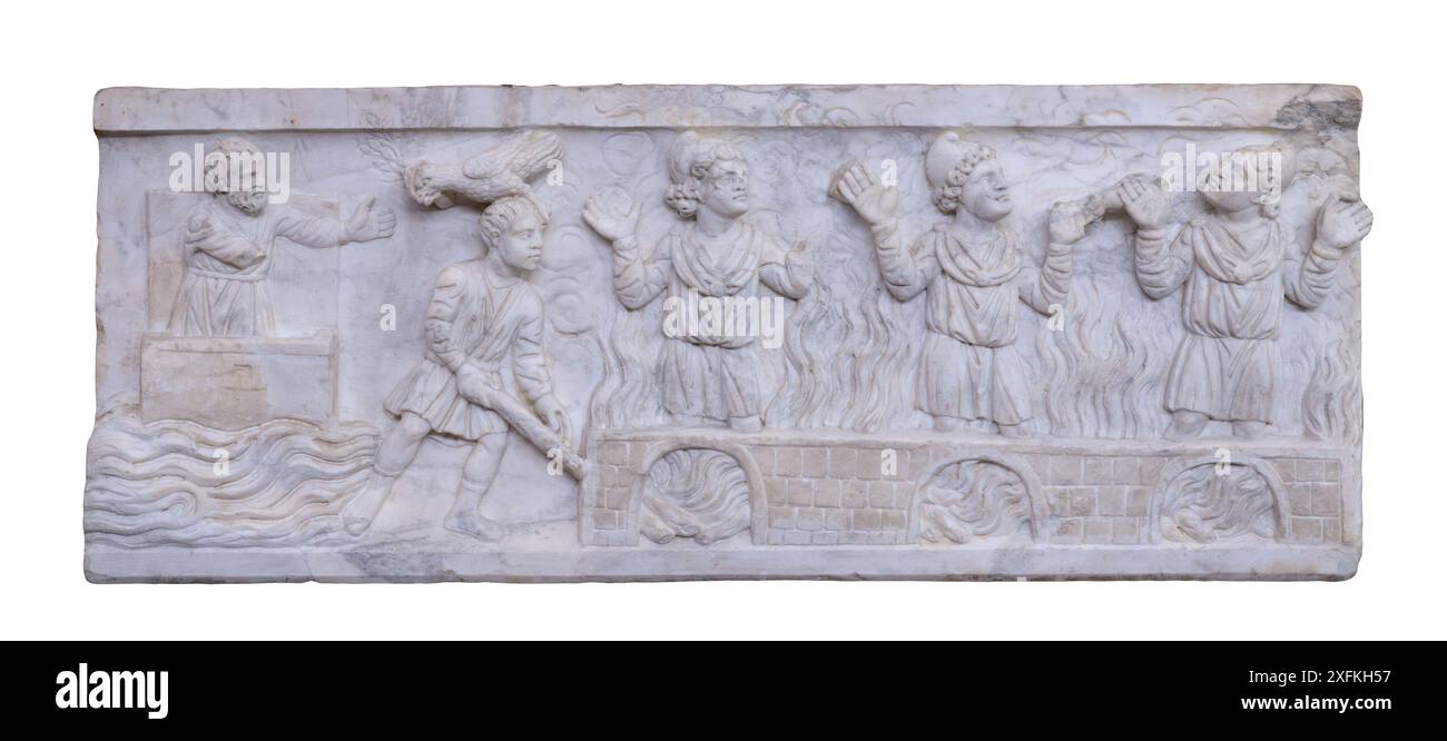 The three youths in the furnace. Panel from a Roman sarcophagus, 4th ...