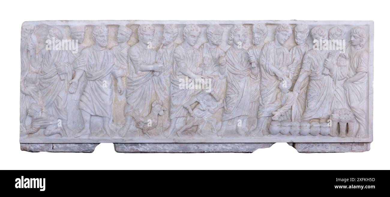 Front of sarcophagus with continuous frieze with scenes of miracles ...