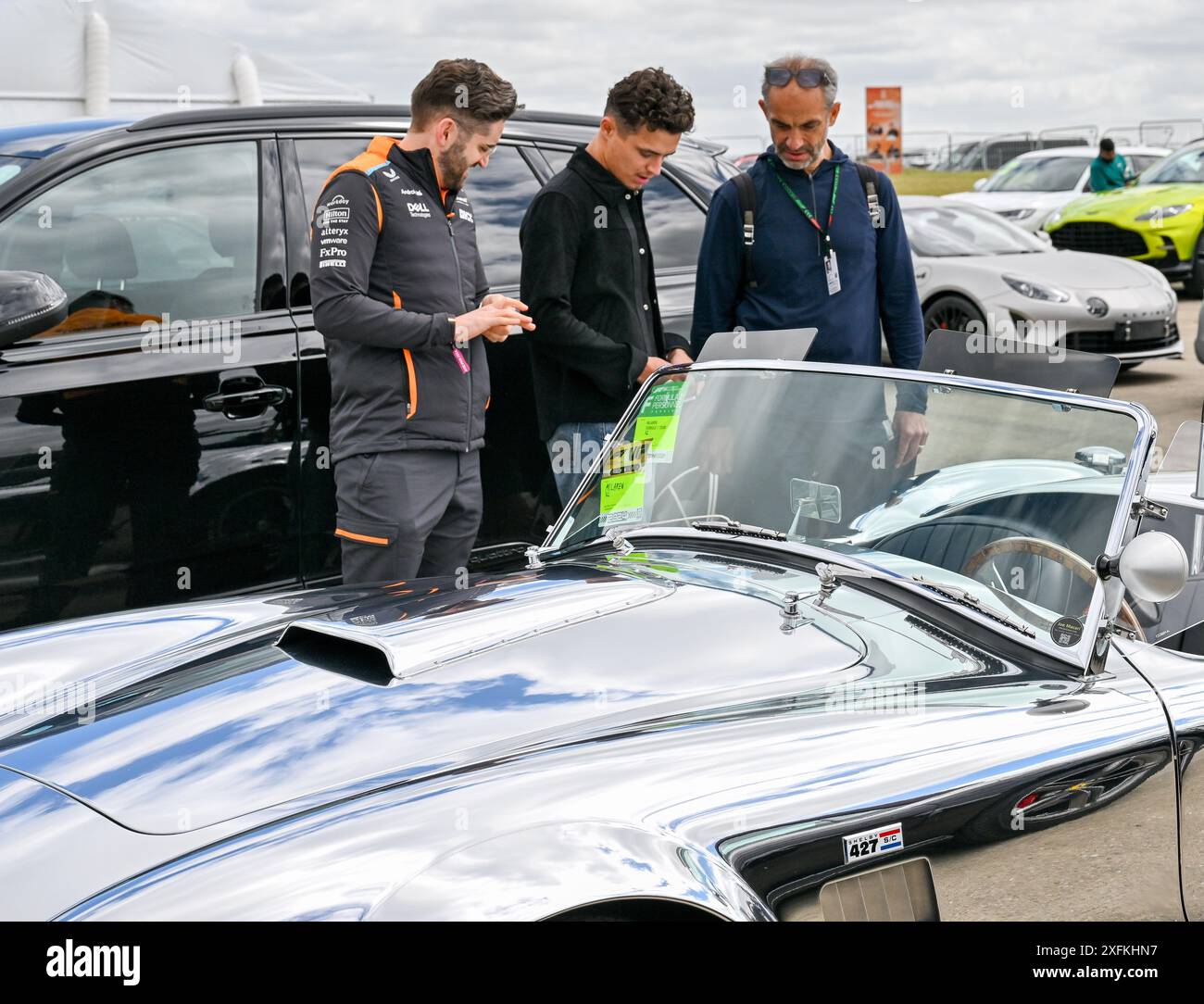Towcester, UK. 04th July, 2024. Lando Norris arrives in his Cobra ...