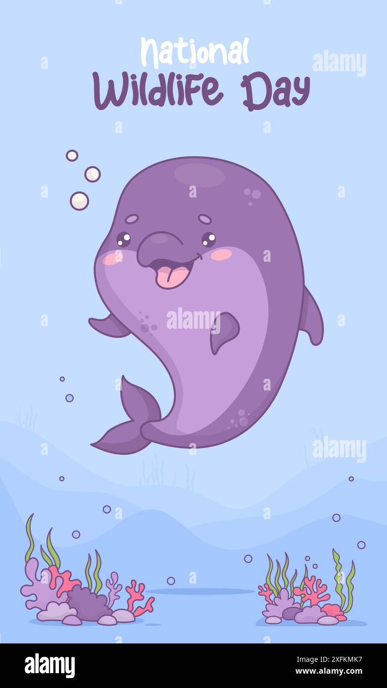Cute dolphin. Holiday poster national wildlife day. Festive vertical ...